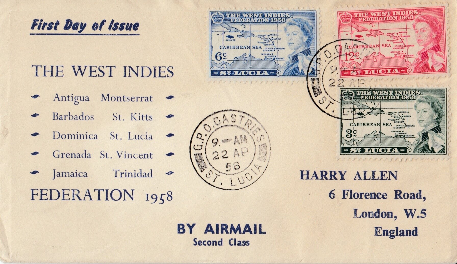 The West Indies Federation 1958 First Day Cover – St Lucia | Barbados ...